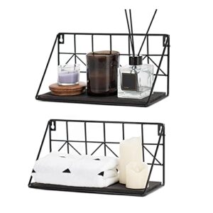 timeyard floating shelves wall mounted, set of 2 black wire metal wood shelves, modern arrow design storage shelf for photo frames, small plants, bedroom, dorm, living room, bathroom, kitchen, small