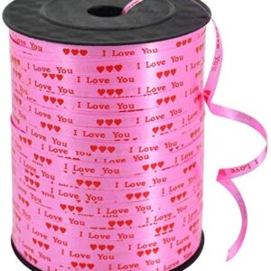 BEISHIDA 500 Yard Pink Heart Crimped Curling Ribbons I Love You Printed Balloon String Roll Valentines Day Ribbon for Gift Wrapping Party Festival Art Craft Decor Florist Flowers Decoration