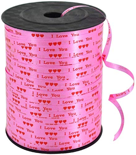 BEISHIDA 500 Yard Pink Heart Crimped Curling Ribbons I Love You Printed Balloon String Roll Valentines Day Ribbon for Gift Wrapping Party Festival Art Craft Decor Florist Flowers Decoration