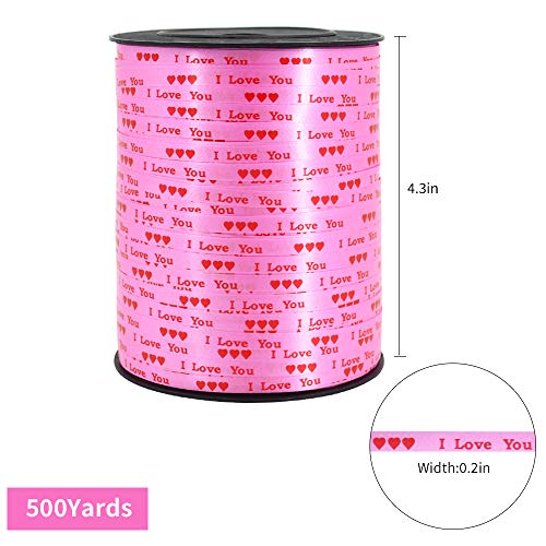 BEISHIDA 500 Yard Pink Heart Crimped Curling Ribbons I Love You Printed Balloon String Roll Valentines Day Ribbon for Gift Wrapping Party Festival Art Craft Decor Florist Flowers Decoration