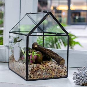 NCYP Small Glass Terrarium with lid for Air Plants Moss Succulent, Handmade Geometric House Shape Close Glass Box for Snail Reptile Habitat, Tabletop DIY Display Container (Glass Box Only) Black