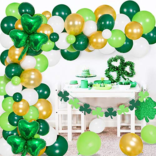 St. Patrick’s Theme Balloon Garland Decorations for Lucky Irish Party, Shamrock Garland Balloon Arch Kit Green and Gold