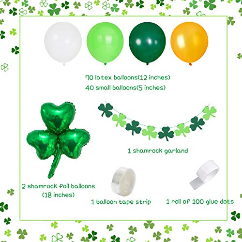 St. Patrick’s Theme Balloon Garland Decorations for Lucky Irish Party, Shamrock Garland Balloon Arch Kit Green and Gold