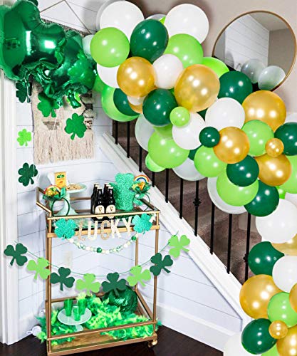 St. Patrick’s Theme Balloon Garland Decorations for Lucky Irish Party, Shamrock Garland Balloon Arch Kit Green and Gold