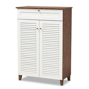 baxton studio coolidge modern and contemporary white and walnut finished 5-shelf wood shoe storage cabinet with drawer