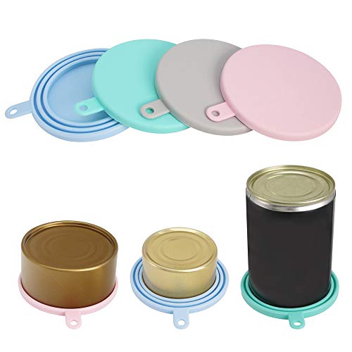 4 Pack Can Covers and 4 Pack Pet Spoons Set,Universal Silicone Can Lids for Pet Food Cans 1 Fit 3 Standard Size Dog and Cat Can Tops Cover (Round)