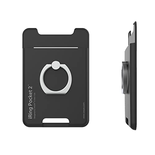 iRing Pocket, Made in Korea, Card Cell Phone Ring Grip Holder. Holds 2 Cards. Phone Wallet Card Holder with Finger Grip. Compatible with iPhone, Galaxy, Other Android Smartphones.(Black)