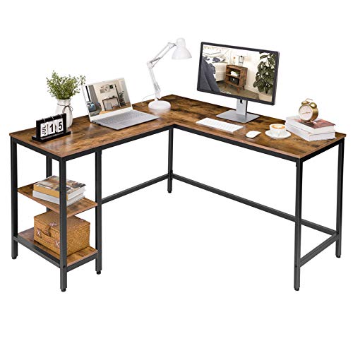 HOOBRO L-Shaped Computer Desk, Industrial Corner Writing Desk with Adjustable Shelves, Study Workstation for Home Office, Easy Assembly, Stable and Space-Saving, Rustic Brown and Black BF35DN01