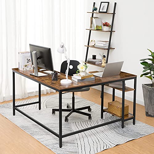 HOOBRO L-Shaped Computer Desk, Industrial Corner Writing Desk with Adjustable Shelves, Study Workstation for Home Office, Easy Assembly, Stable and Space-Saving, Rustic Brown and Black BF35DN01