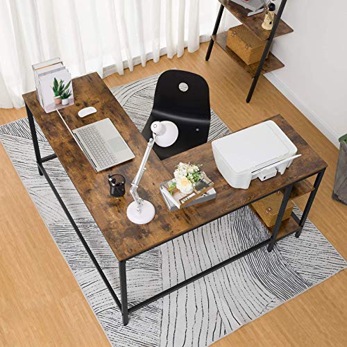 HOOBRO L-Shaped Computer Desk, Industrial Corner Writing Desk with Adjustable Shelves, Study Workstation for Home Office, Easy Assembly, Stable and Space-Saving, Rustic Brown and Black BF35DN01