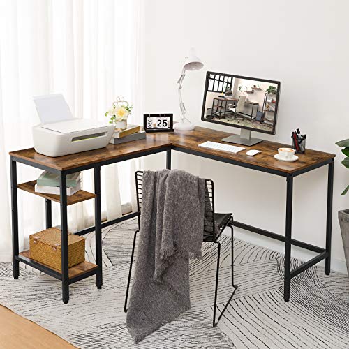 HOOBRO L-Shaped Computer Desk, Industrial Corner Writing Desk with Adjustable Shelves, Study Workstation for Home Office, Easy Assembly, Stable and Space-Saving, Rustic Brown and Black BF35DN01