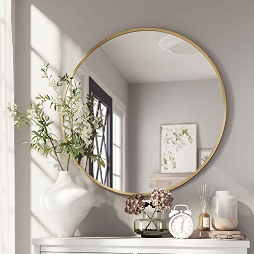 Barnyard Designs 30 inch Gold Round Mirror, Bathroom Vanity Wall Mirrors, Circle Mirror for Desk, Metal Framed Bedroom Mirror