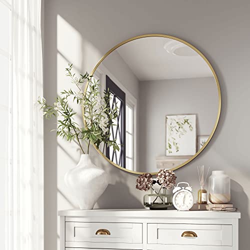 Barnyard Designs 30 inch Gold Round Mirror, Bathroom Vanity Wall Mirrors, Circle Mirror for Desk, Metal Framed Bedroom Mirror