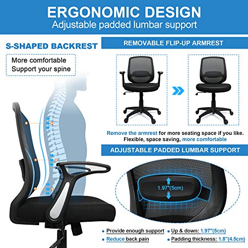 KOLLIEE Mid Back Mesh Office Chair Ergonomic Swivel Black Desk Office Chair Flip Up Armrests with Lumbar Support Adjustable Height Computer Task Chairs