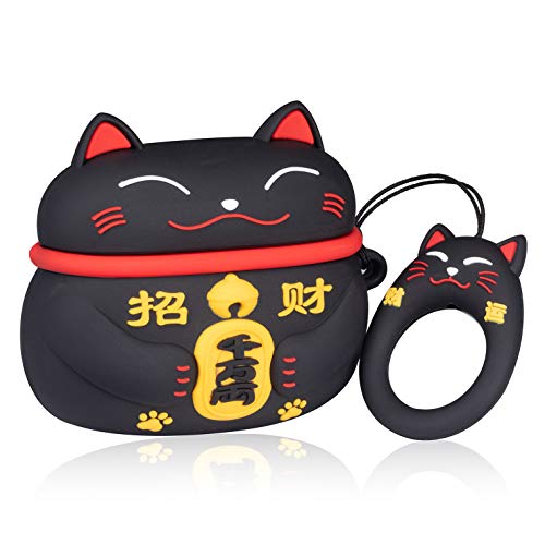 Coralogo Case for Airpods Pro 2019/Pro 2 Gen 2022 Cute,3D Animal Character Silicone Cartoon Airpod Skin Funny Fun Cool Keychain Design Kids Teens Girls Boys Cover Cases Air pods Pro (Black Lucky Cat)