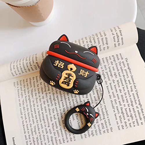 Coralogo Case for Airpods Pro 2019/Pro 2 Gen 2022 Cute,3D Animal Character Silicone Cartoon Airpod Skin Funny Fun Cool Keychain Design Kids Teens Girls Boys Cover Cases Air pods Pro (Black Lucky Cat)