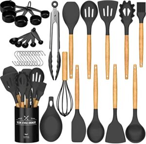 umite chef kitchen cooking utensils set, 33 pcs non-stick silicone cooking kitchen utensils spatula set with holder, black wooden handle silicone kitchen gadgets utensil set