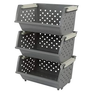 eagrye plastic stackable storage bins, multi-functional stacking basket, grey, pack of 3