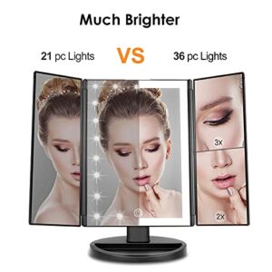 WEILY Lighted Vanity Makeup Mirror 1x/2x/3x Magnification Trifold with 36 LED Lights Touch Screen and USB Charging, 180 Degree Adjustable Stand for Countertop Cosmetic Makeup Mirror(Black)