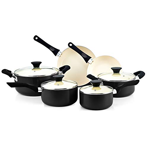 Cook N Home Pots And Pans Set Nonstick, 10 Piece Ceramic Cookware Sets, Kitchen Non Stick Cooking Set With Saucepans, Frying Pans, Dutch Oven Pot With Lids, Black