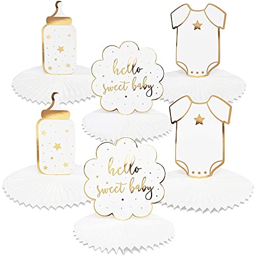 Honeycomb Centerpiece, Gold Foil Baby Shower Decorations (3 Designs, 6 Pack)