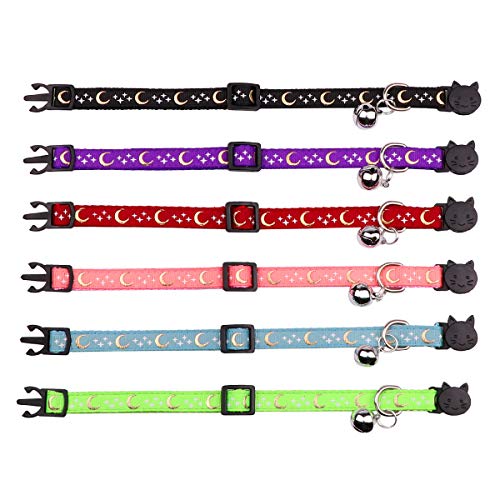 6 PCS Breakaway Cat Collars with Bell Golden Moon Glowing Star in The Dark for Kitten