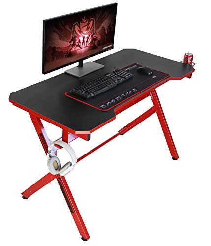 JJS 48" Home Office Gaming Computer Desk, R Shaped Large Gamer Workstation PC Table with Cup Holder Headphone Hook Free Mouse pad, Black/Red