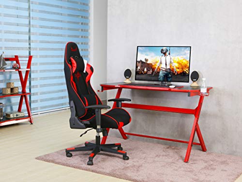 JJS 48" Home Office Gaming Computer Desk, R Shaped Large Gamer Workstation PC Table with Cup Holder Headphone Hook Free Mouse pad, Black/Red