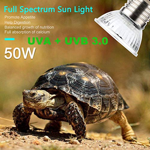 OMAYKEY 2 Pack Reptile Lamp Fixture Holder Clamp with 3-pcs 50W UVA + UVB Full Spectrum Sun Lamp Sunbathe Heat Bulb, Upgraded Lengthened & Adjustable Stand, for Pet Habitat Heat Light Bulbs