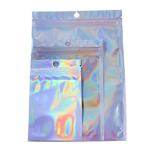 EORTA 100 Pieces Aluminum Foil Pouch Plastic Packaging Bags Self Seal Laser Zipped Bags Resealable Storage Container with Hanging Hole for Food Snack Cosmetic Jewels Party Favors, Medium-15x10 cm