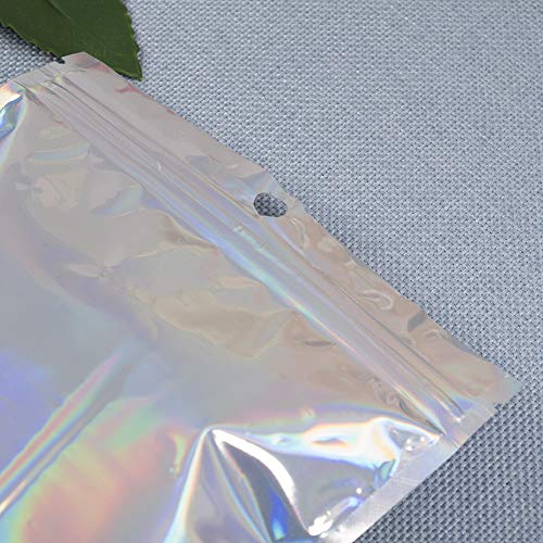 EORTA 100 Pieces Aluminum Foil Pouch Plastic Packaging Bags Self Seal Laser Zipped Bags Resealable Storage Container with Hanging Hole for Food Snack Cosmetic Jewels Party Favors, Medium-15x10 cm