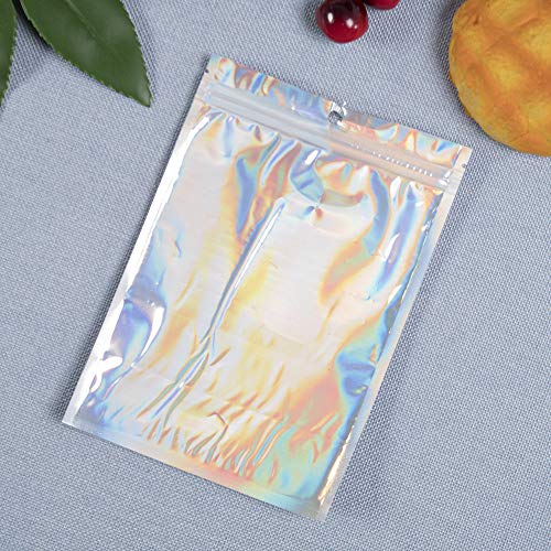 EORTA 100 Pieces Aluminum Foil Pouch Plastic Packaging Bags Self Seal Laser Zipped Bags Resealable Storage Container with Hanging Hole for Food Snack Cosmetic Jewels Party Favors, Medium-15x10 cm