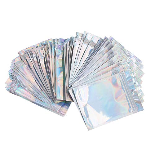 EORTA 100 Pieces Aluminum Foil Pouch Plastic Packaging Bags Self Seal Laser Zipped Bags Resealable Storage Container with Hanging Hole for Food Snack Cosmetic Jewels Party Favors, Medium-15x10 cm