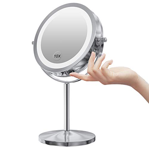 Gospire LED Makeup Mirror 1x/10x Magnifying with Touch Screen Adjustable LED Light, 7" Lighted Vanity Swivel Mirror Double Sided Cosmetic Mirror (Silver-Dimmable Switch)