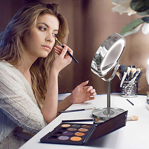 Gospire LED Makeup Mirror 1x/10x Magnifying with Touch Screen Adjustable LED Light, 7" Lighted Vanity Swivel Mirror Double Sided Cosmetic Mirror (Silver-Dimmable Switch)