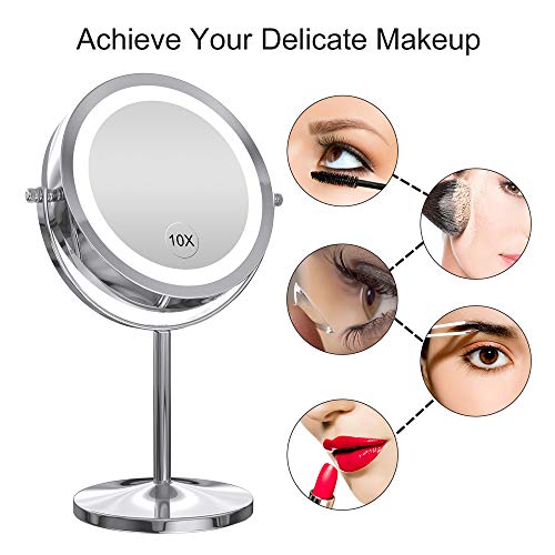 Gospire LED Makeup Mirror 1x/10x Magnifying with Touch Screen Adjustable LED Light, 7" Lighted Vanity Swivel Mirror Double Sided Cosmetic Mirror (Silver-Dimmable Switch)