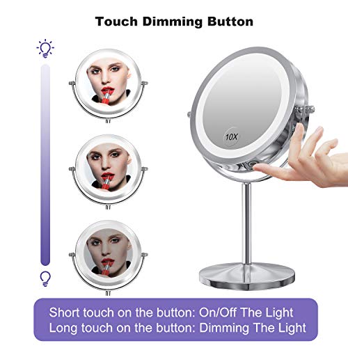 Gospire LED Makeup Mirror 1x/10x Magnifying with Touch Screen Adjustable LED Light, 7" Lighted Vanity Swivel Mirror Double Sided Cosmetic Mirror (Silver-Dimmable Switch)