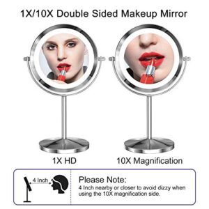 Gospire LED Makeup Mirror 1x/10x Magnifying with Touch Screen Adjustable LED Light, 7" Lighted Vanity Swivel Mirror Double Sided Cosmetic Mirror (Silver-Dimmable Switch)