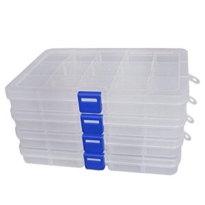 Qualsen 4 Pack Plastic Compartment Box with Adjustable Dividers Craft Tackle Organizer Storage Containers Box 15 Grid (Clear)