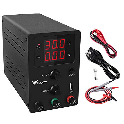 Flycow DC Power Supply Variable, Adjustable 30V 10A Switching DC Regulated Power Supply with 3 Digit LED Display Reverse Polarity/High Temperature Protection 110V/100CM Alligator Leads Included