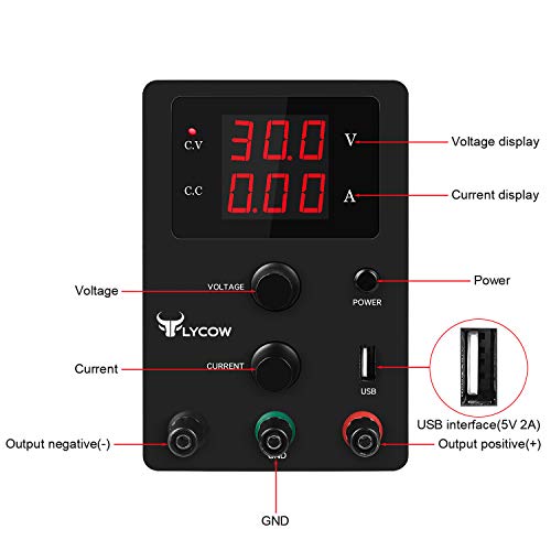 Flycow DC Power Supply Variable, Adjustable 30V 10A Switching DC Regulated Power Supply with 3 Digit LED Display Reverse Polarity/High Temperature Protection 110V/100CM Alligator Leads Included