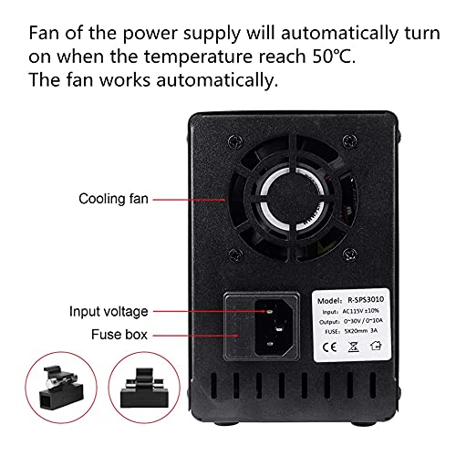 Flycow DC Power Supply Variable, Adjustable 30V 10A Switching DC Regulated Power Supply with 3 Digit LED Display Reverse Polarity/High Temperature Protection 110V/100CM Alligator Leads Included