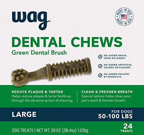 Amazon Brand - Wag Dog Dental Chews - Green Brush - Large Dogs (50 - 100 lb), 36Oz, 24 Count