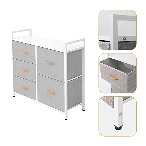 AZL1 Life Concept Storage Dresser Furniture Unit - Large Standing Organizer Chest for Bedroom, Office, Living Room, and Closet - 5 Drawer Removable Fabric Bins - Light Grey/White