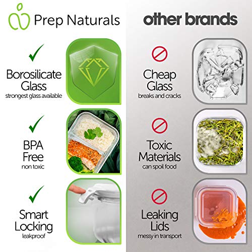 PrepNaturals glass food storage containers, meal prep container, bento box for lunch, dishwasher & microwave safe (multi-compartment)