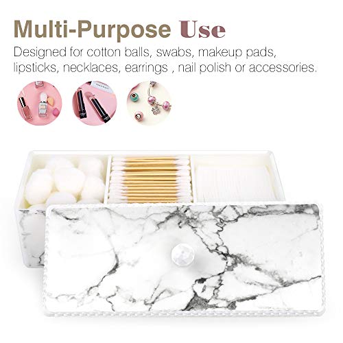 Luxspire Cotton Swab Holder with Lid, Marble Pattern Cotton Ball Holder Dispenser, Bathroom Canister Storage Jar for Cotton Pads Bud Q-tip, Vanity Cosmetics Countertop Organizer with 3 Compartments