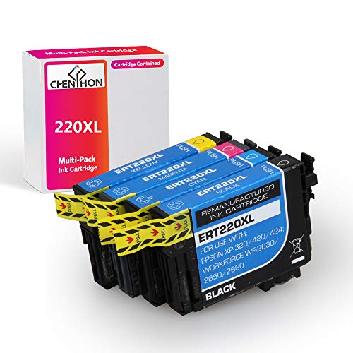 CHENPHON Remanufactured Ink Cartridge Replacement for Epson 220XL 220 T220XL with Epson Workforce WF2630 WF2650 WF2760 WF2660 WF2750 AIO Inkjet Expression Home XP420 XP424 XP320 Photo Printer 4 Packs