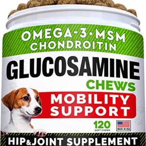 Glucosamine Treats for Dogs - Joint Supplement w/ Omega-3 Fish Oil - Chondroitin, MSM - Advanced Mobility Chews - Joint Pain Relief - Hip & Joint Care - Chicken Flavor - 120 Ct - Made in USA