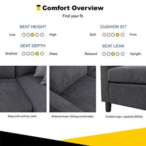 Walsunny Convertible Sectional Sofa Couch with Reversible Chaise, L-Shaped Couch with Modern Linen Fabric for Small Space (Dark Grey)