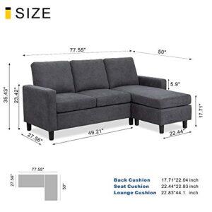 Walsunny Convertible Sectional Sofa Couch with Reversible Chaise, L-Shaped Couch with Modern Linen Fabric for Small Space (Dark Grey)